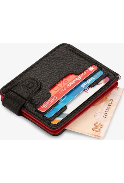 Anı Yüzük Çift Taraflı Para Tokalı Deri Erkek Kartlık Cüzdan Kırmızı-Siyah