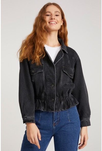 Denim Republic Kadın Siyah Beli Lastikli Kot Ceket Denim Republic Kadın Siyah Beli Lastikli Kot Ceket