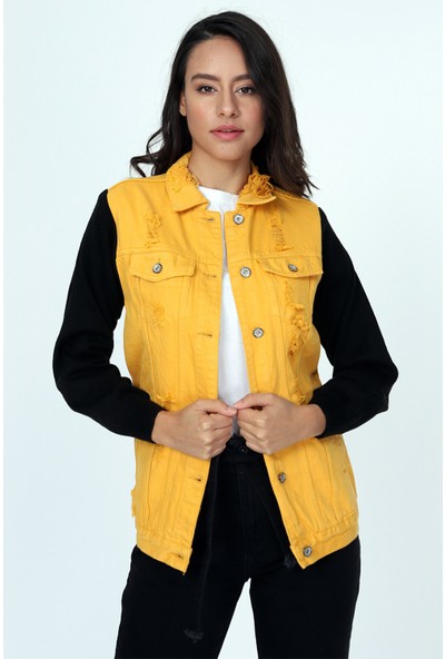 Denim Republic Kadın Sarı Triko Kol Uzun Kot Ceket