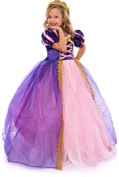 Bebebebek Rapunzel Kostüm - Taçlı Rapunzel Kostümü - Pelerinli Taclı Rapunzel