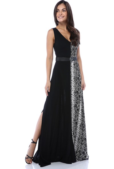 Boeem Kadın Bir Tarafı Düz Siyah Bir Tarafı Desenli Kendinden Kemerli Yırtmaçlı Elbise