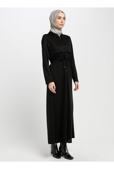 Miss Cazibe Kapüşonlu Fermuarlı Ferace Siyah