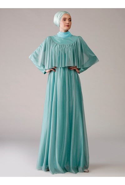 Mwedding Volan Detaylı Simli Abiye Elbise