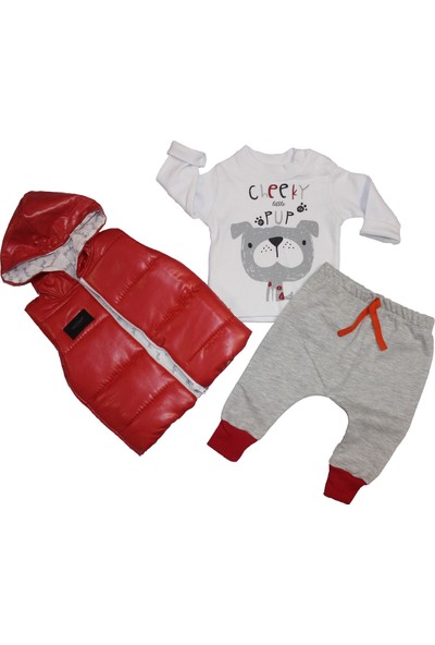Hippil Baby Kırmızı Yelekli Gri Üçlü Takım