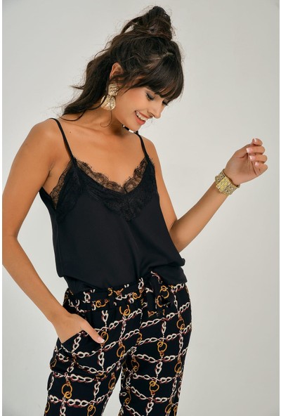 New Laviva Askılı Dantel Detaylı Siyah Kadın Bluz