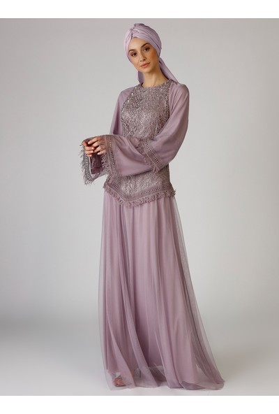 Mwedding Lila Güpür Detaylı Abiye Elbise