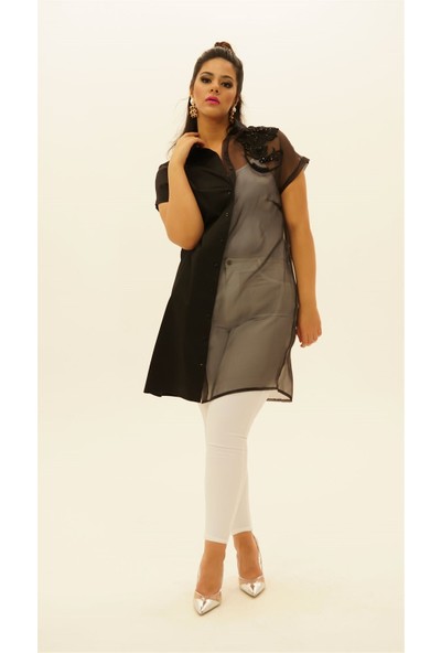 Lefital Kadın Boncuk Işlemeli Transparan Siyah Gömlek