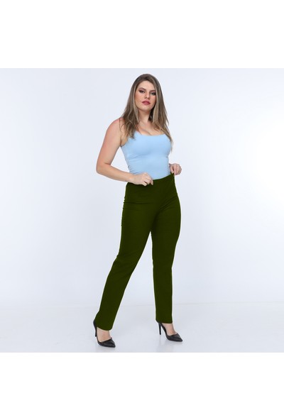 Osman Bey Kadın Büyük Beden Beli Tam Lastikli Yüksek Bel Likralı Kumaş Pantolon Askeri Yeşil