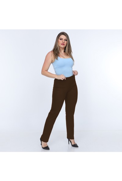 Osman Bey Battal Kadın Büyük Beden Beli Tam Lastikli Yüksek Bel Likralı Kumaş Pantolon Kahverengi