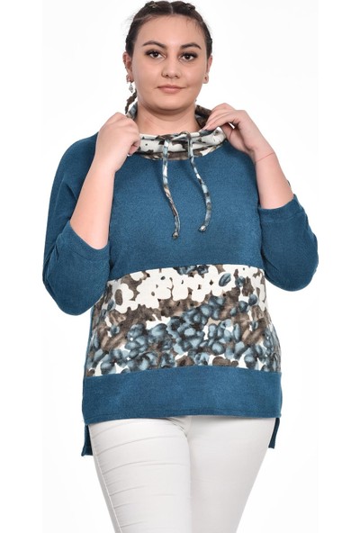 Ultimod Petrol Garnili Degaje Yaka Büyük Beden Bluz ULT5306