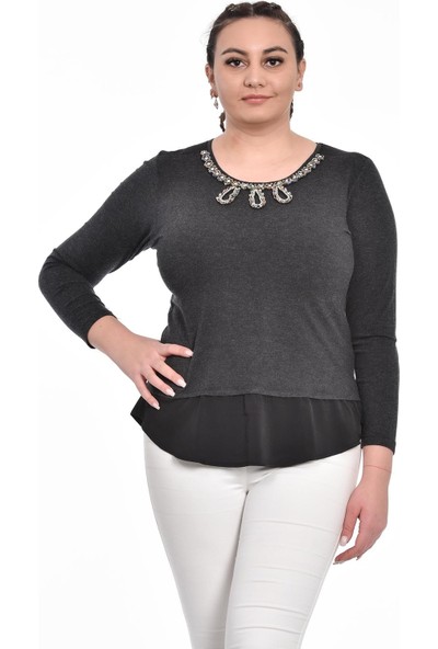Ultimod Siyah Yakası Taşlı Uzun Kollu Büyük Beden Bluz ULT655