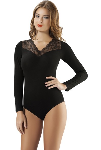 Obje Siyah V Yaka Dantel Çıtçıtlı Body