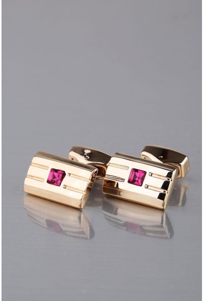 Kravatkolik Altın Renk Pembe Taşlı Dikdötgen Kol Düğmesi KD848