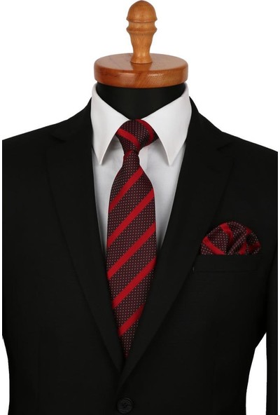 Kravatkolik Bordo Çizgi Desen Mendilli Klasik Kravat KK5028