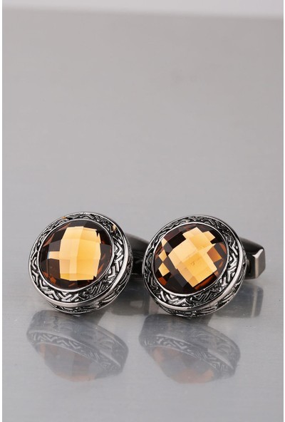 Kravatkolik Gümüş Renk Kahverengi Taşlı Yuvarlak Kol Düğmesi KD905