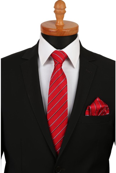 Kravatkolik Kırmızı Çizgi Desen Mendilli Klasik Kravat KK4427
