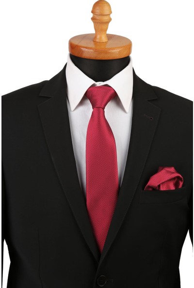 Kravatkolik Kırmızı Nokta Desen Mendilli Klasik Kravat KK4598