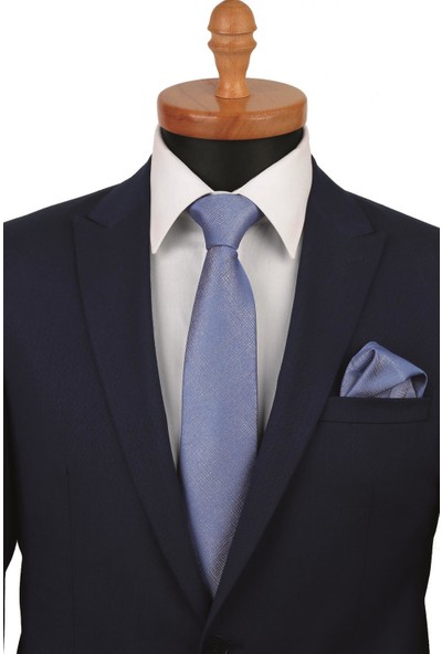 Kravatkolik Mavi Kendinden Desen Mendilli Klasik Kravat KK4453