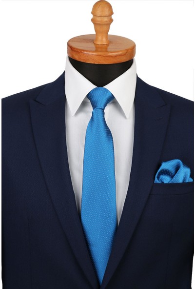 Kravatkolik Petrol Mavisi Nokta Desen Mendilli Klasik Kravat KK4293