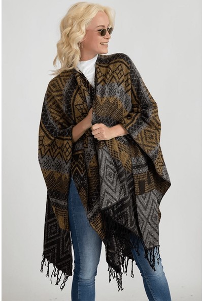 Ladycolor Kadın Jakarlı Renkli Desenli Panço