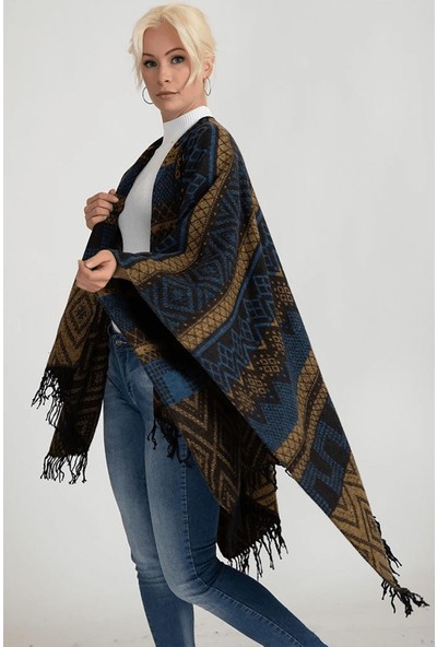 Ladycolor Kadın Jakarlı Renkli Desenli Panço