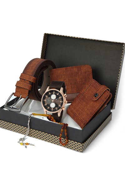 Forentina Erkek Kahverengi Kemer Cüzdan Kartvizit Saat Seti Ps0787