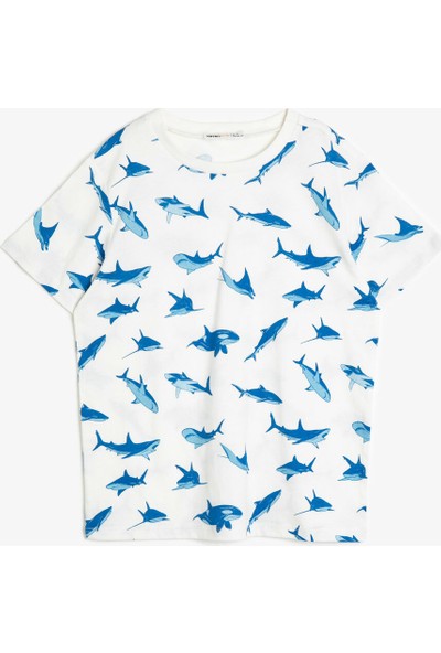 Koton Erkek Çocuk Desenli Pamuklu Kısa Kollu Bisiklet Yaka T-Shirt