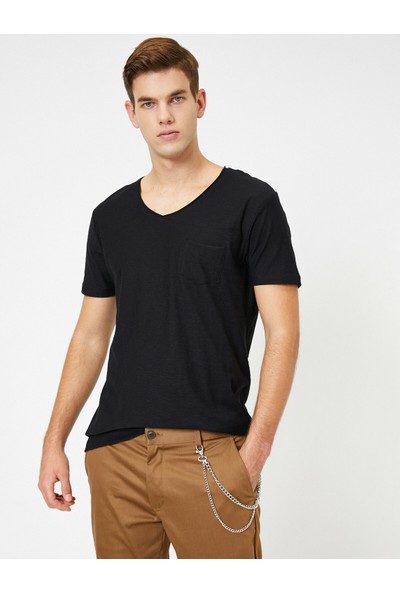 Koton V Yaka Cebi Flamlı Slim Fit Basic Tişört