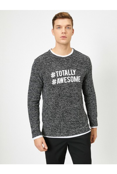 Koton Bisiklet Yaka Yazılı Baskılı Dokulu Kumaş Slim Fit Kazak