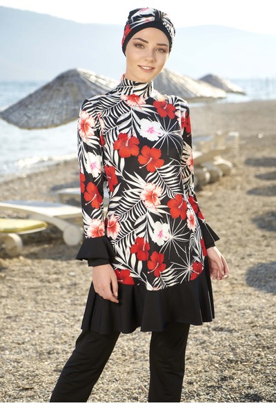 Estiva Kadın Çiçekli Siyah Tam Kapalı Tesettür Mayo