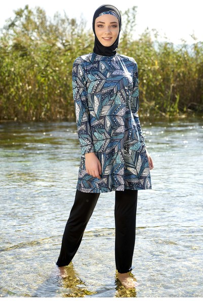 Estiva Kadın Desenli Siyah Tam Kapalı Tesettür Mayo