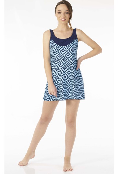 Estiva Kadın Kare Desenli Lacivert Şortlu Elbise Mayo