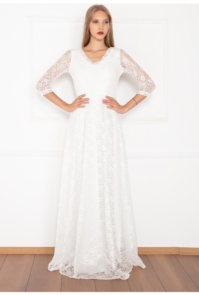 Kalopya Kadın Kristy 3810-2 V Yaka Dantel Uzun Elbise