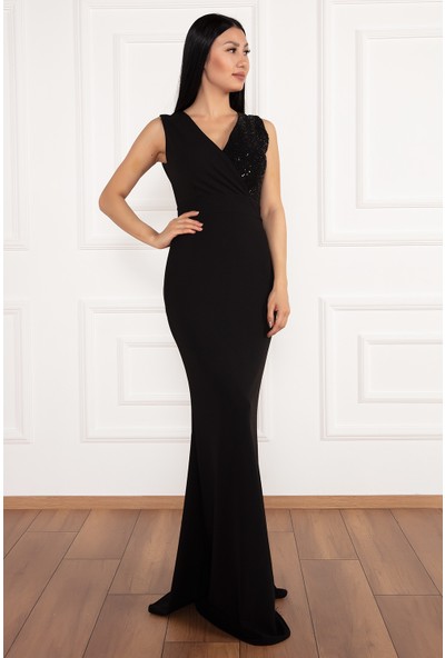 Kalopya Kadın Ophelia 13213 Krep V Yaka Uzun Elbise