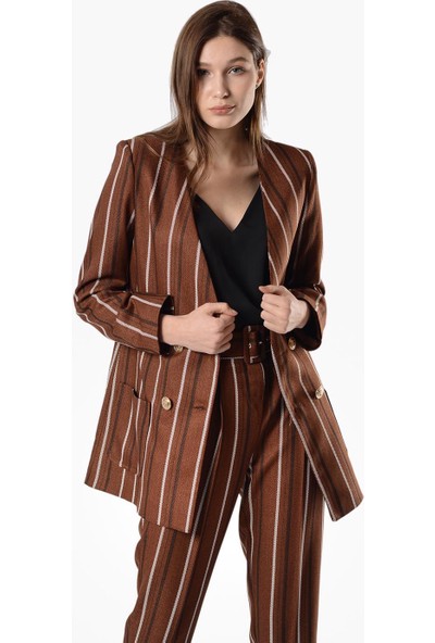 İroni Karamel Çizgili Blazer Ceket