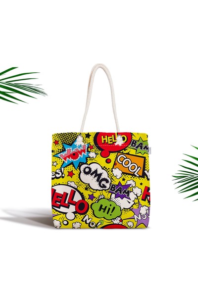 RealHomes Sarı Zeminde Popart Özel Tasarımlı Dijital Baskılı Fermuarlı Plaj Çantası