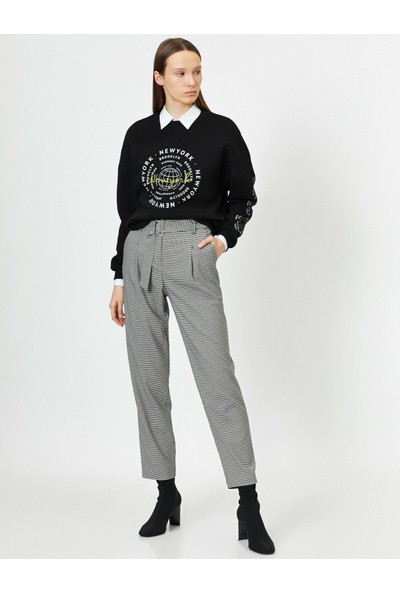 Koton Kadın Yüksek Bel Kemer Detaylı Ekoseli Pantolon