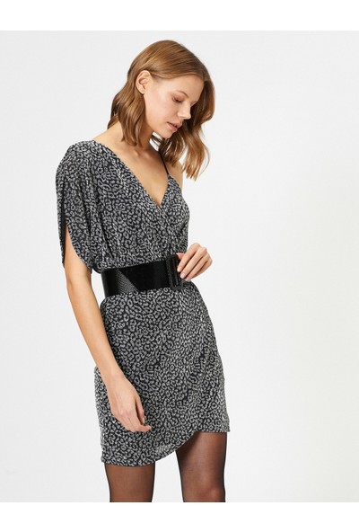 Koton Leopar Desenli Elbise Abiye Tek Omuz Askılı Kruvaze Mini