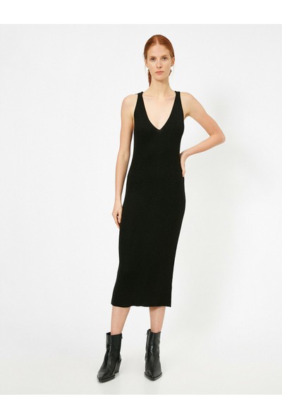 Koton V Yaka Kolsuz Midi Boy Triko Elbise