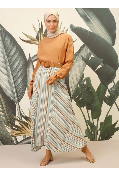 Mnatural Kadın Doğal Kumaşlı Çizgili Etek