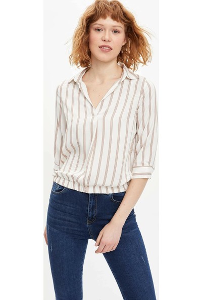 DeFacto Regular Fit Gömlek Yaka Çizgili Uzun Kollu Bluz L7104AZ20SP