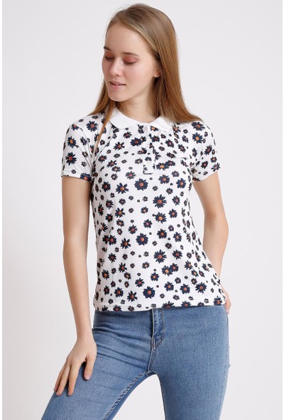 Deppoist Yakalı Çiçek Desen T-Shirt