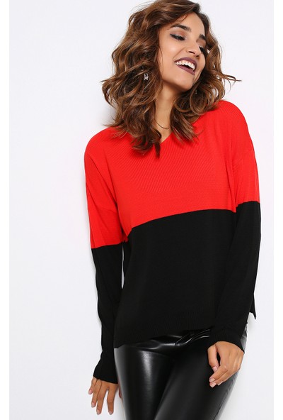 New Laviva Uzun Kollu V Yaka Kırmızı Kadın Triko