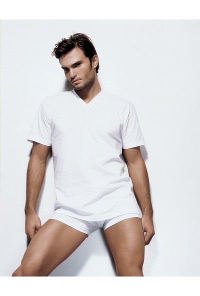 Çift Kaplan 945 V Yaka Pamuklu Erkek Fanila T Shirt Beyaz 3 Adet