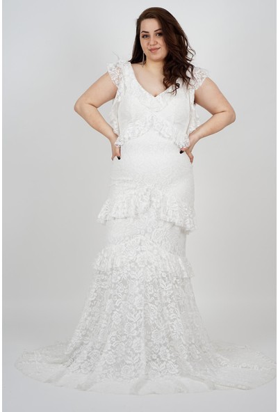 SpringStore Kadın Ekru Büyük Beden V Yaka Güpürlü Abiye SpringStore Kadın Ekru Büyük Beden V Yaka Güpürlü Abiye