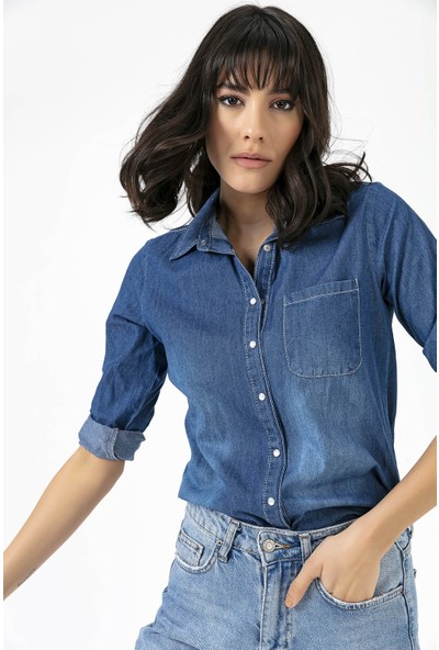 Liplipo Kadın Kol Katlamalı Çıtçıtlı Kot Gömlekk