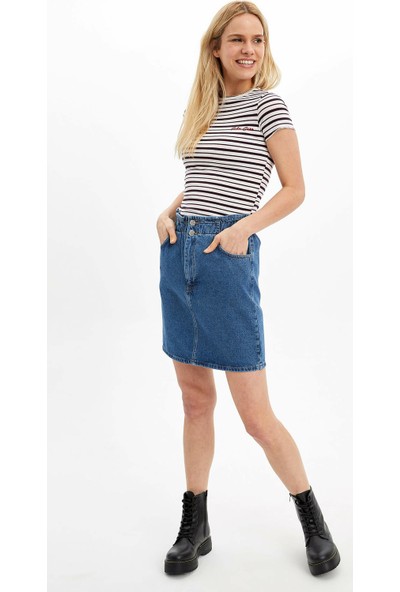 DeFacto Kadın Slim Fit Beli Büzgü Jean Etek