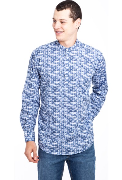 Kiğılı Erkek Uzun Kol Hakim Yaka Yarım Pat Desenli Gömlek
