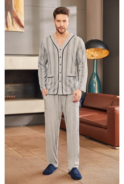 Şık Mecit Melanj Önden Düğmeli Büyük Beden Pijama Takımı