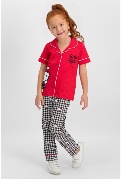 Hello Kitty Lisanslı Kırmızı Kız Çocuk Gömlek Pijama Takımı
